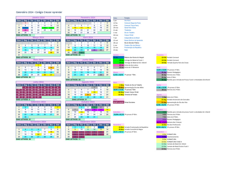 CALENDÁRIO ESCOLAR - Colégio Crescer Aprender - 2023 | PDF