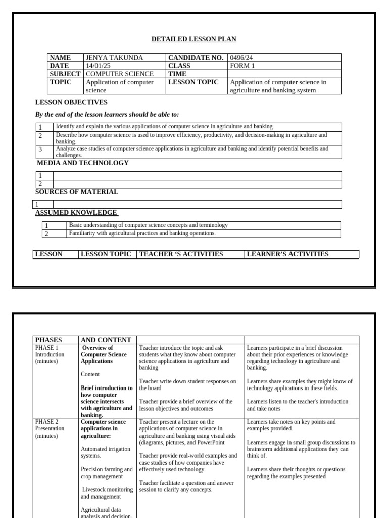 Application - of - Computer Science in Agric DLP | PDF | Science | Teachers