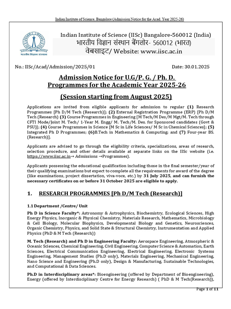 Detailed Admissions Notice 2025 26 | PDF | Academic Degree | Engineering