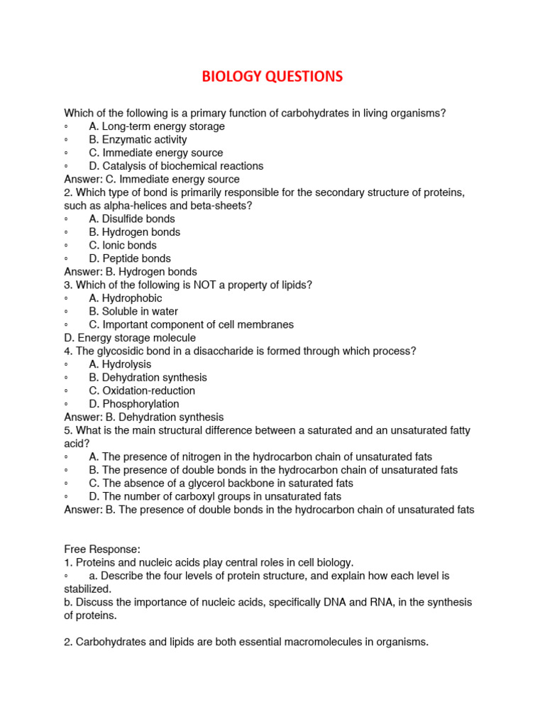 Biology Questions | PDF | Dna | Polysaccharide