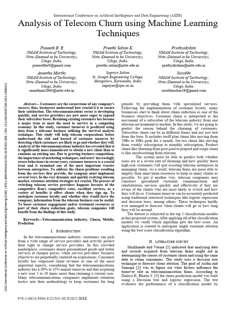 Analysis of Telecom Churn Using Machine Learning Techniques | PDF ...
