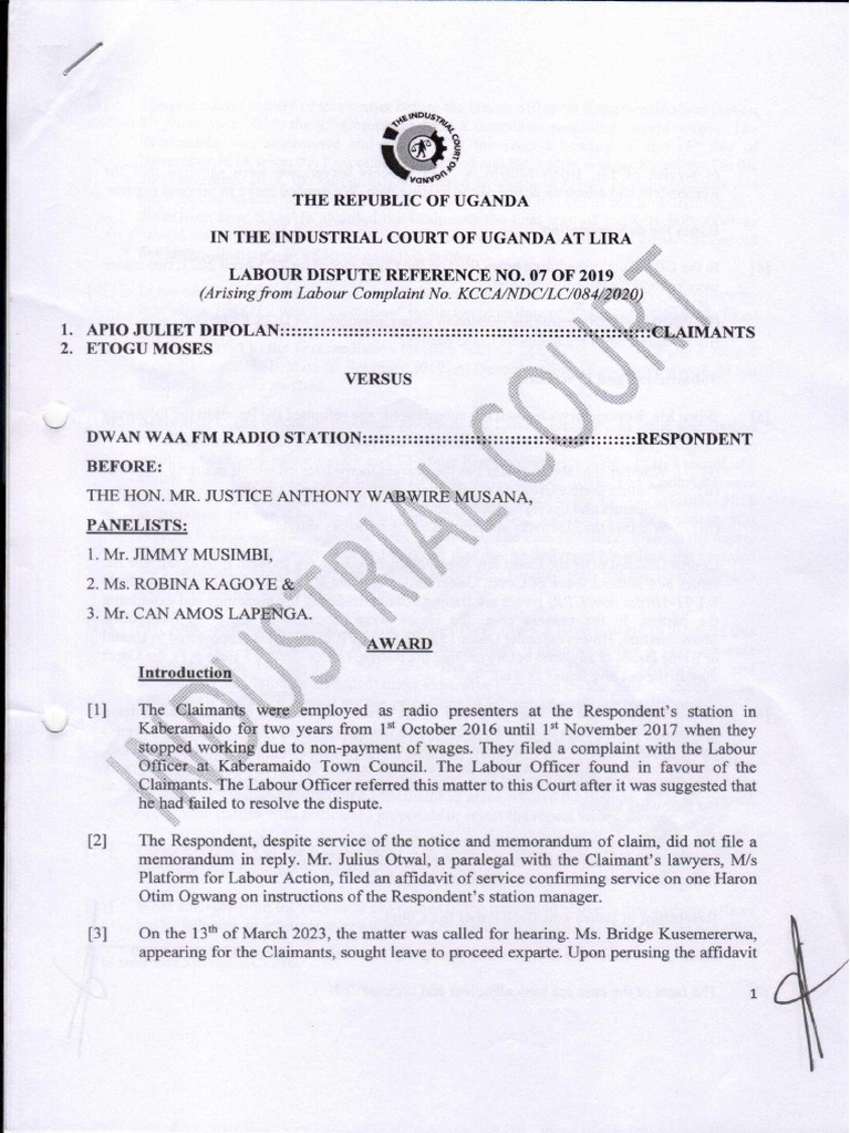 LDR No 07 of 2019 Apio Juliet Dipolan Etogu Moses Vs Dwan Waa FM Radio Station | PDF