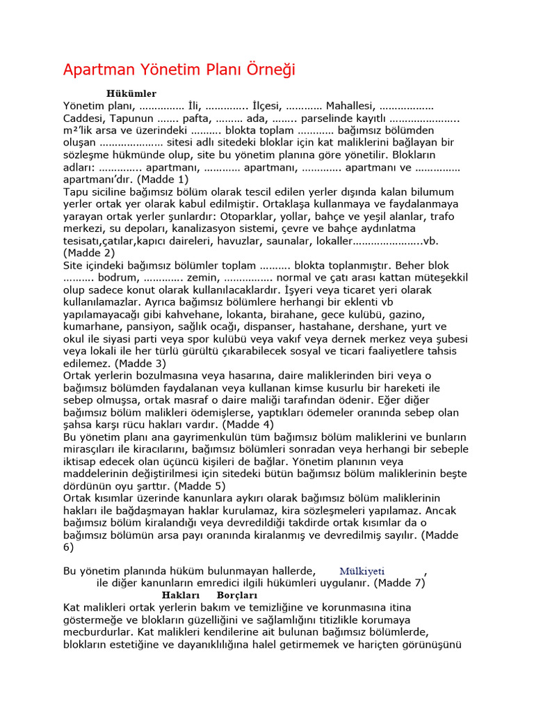 Apartman Yonetim Plani Ornegi | PDF