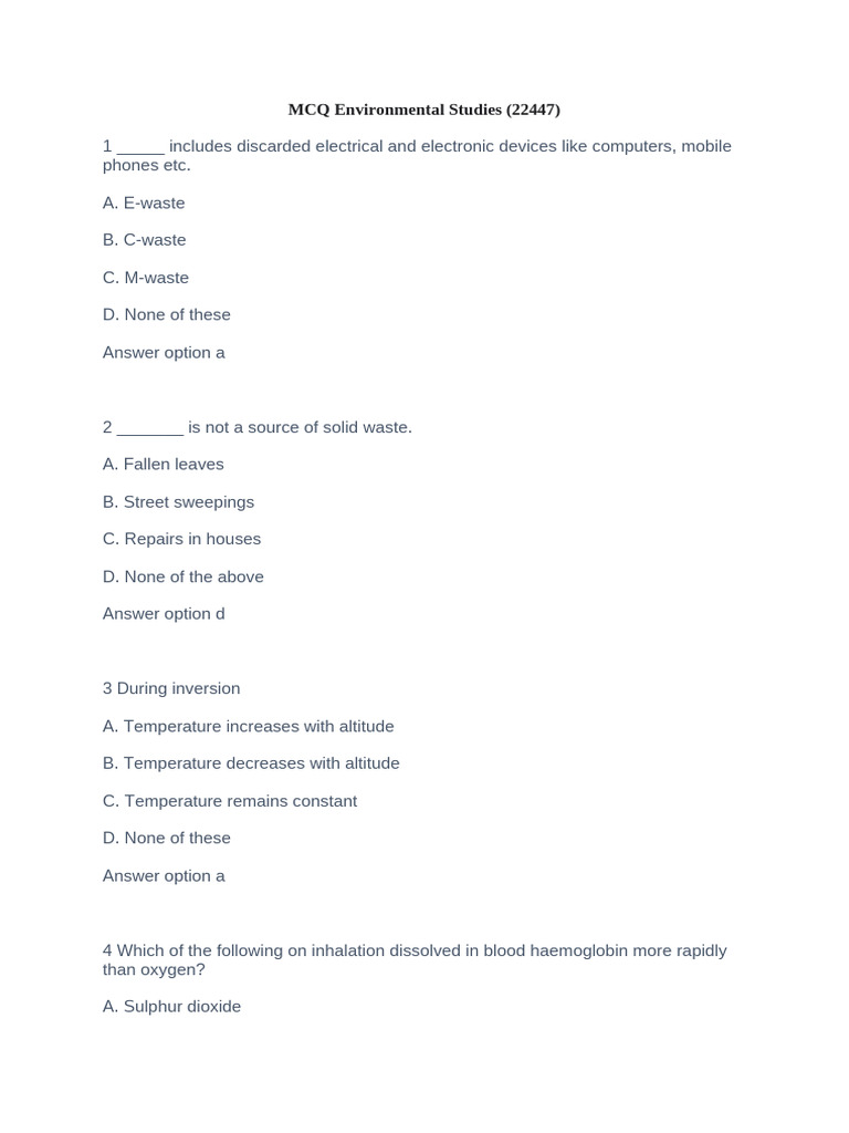 EVS MCQs With Answers 1all Chapter | PDF | Smog | Atmosphere Of Earth