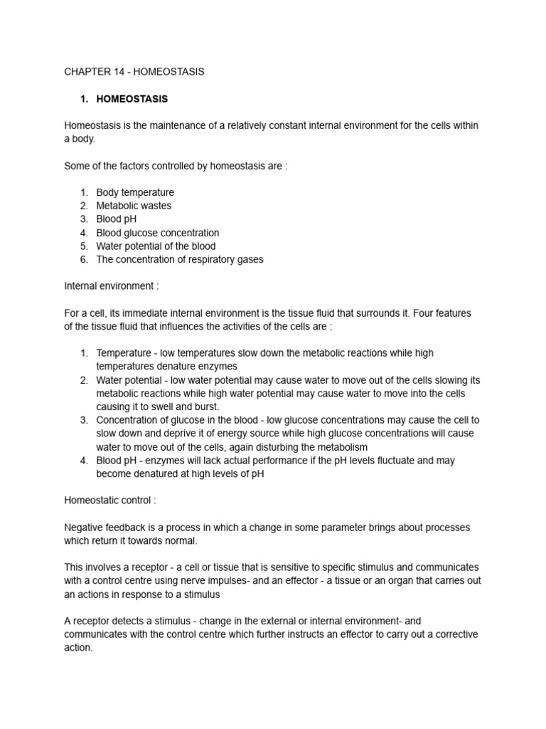 CHAPTER 14 - HOMEOSTASIS Notes | PDF | Kidney | Glucose