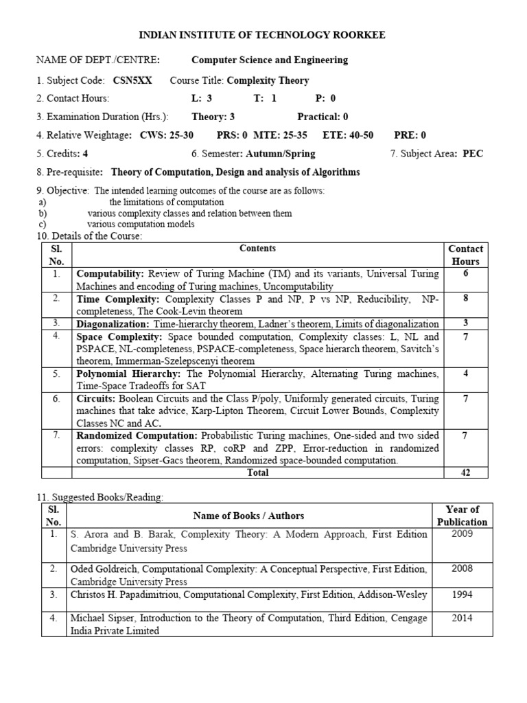 Complexity Theory Syllabus Pdf Computational Complexity Theory Theory Of Computation