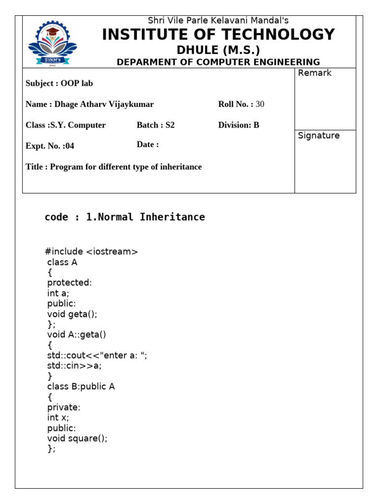 Oop Practical 4 Inheritance | PDF | Computer Programming | Object Oriented Programming