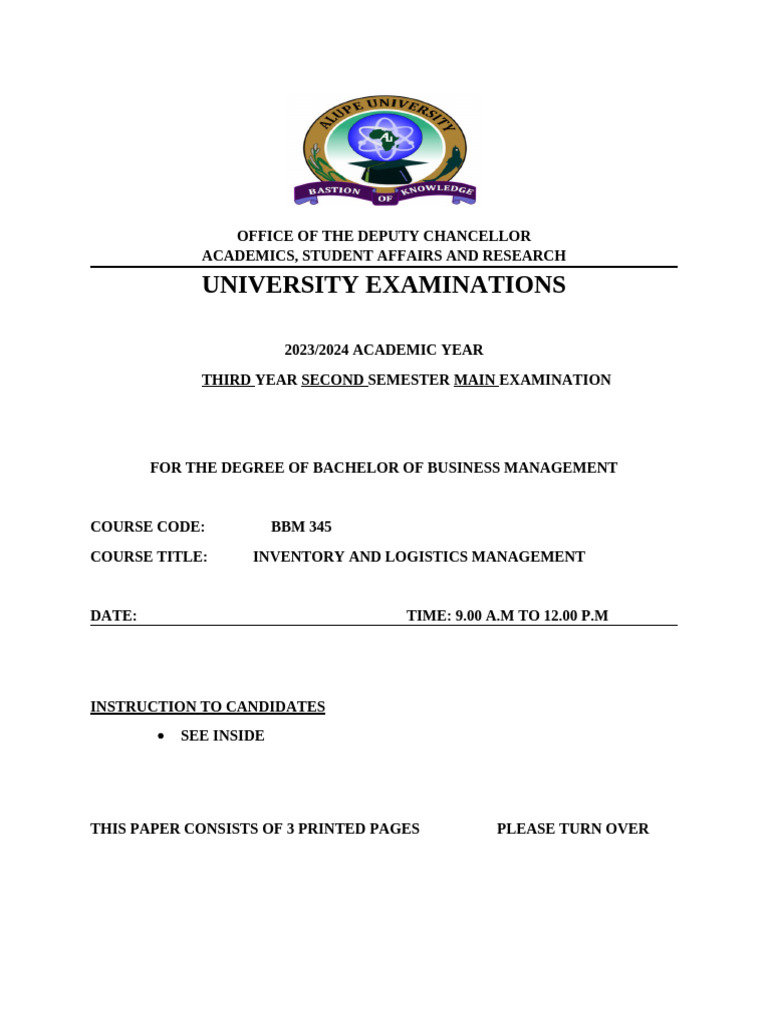 Logistics Management Exam Paper 2023/24 | PDF | Logistics | Inventory