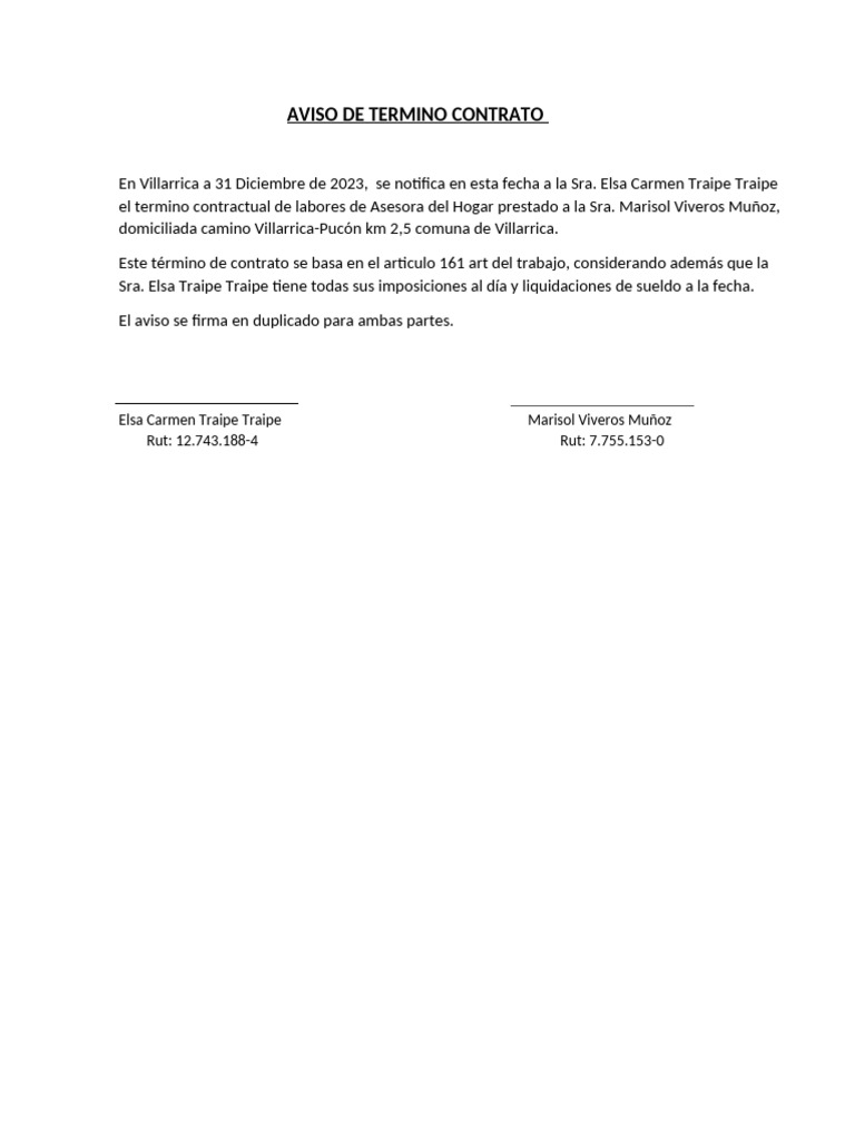 Aviso de Término de Contrato Laboral | PDF