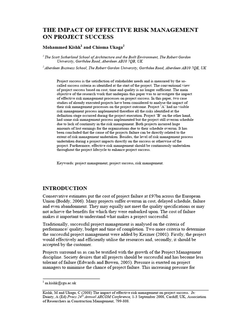 The Impact of Effective Risk Management On Project Success 1jvyjih19u ...