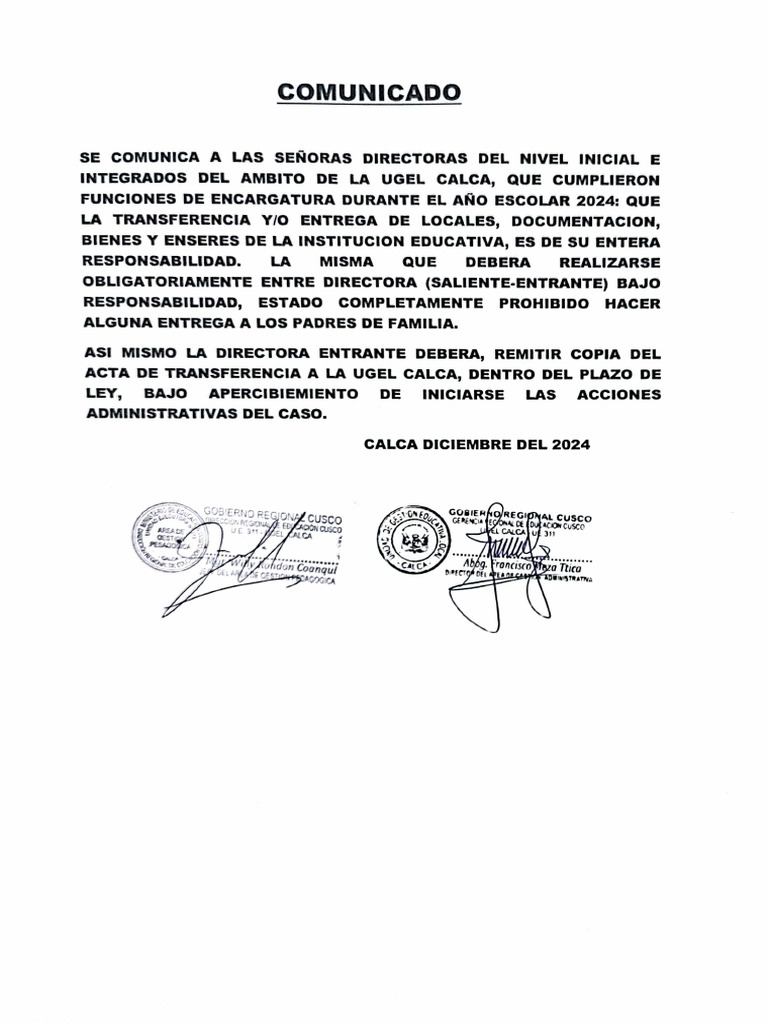 Comunicado para Entrega Recepcion de Cargo Directivo 2025 - 2 | PDF