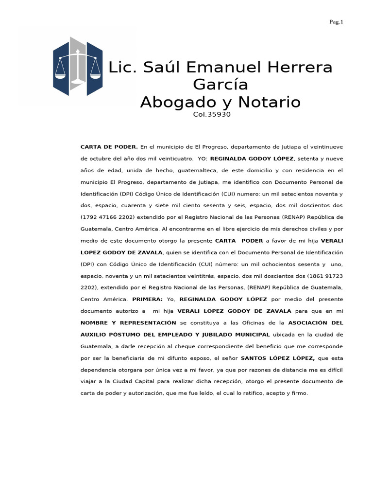 Auxilio Postumo Carta de Poder Reginalda.... | PDF | Guatemala