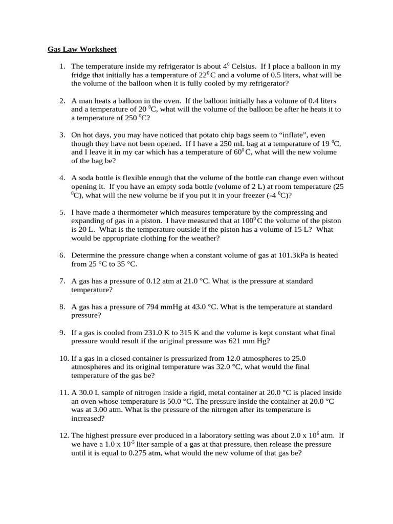 Gas Law Worksheet | PDF | Temperature | Gases