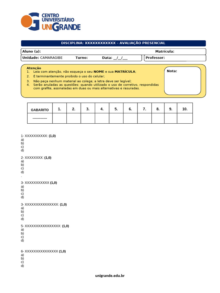 Instruções para Avaliação Presencial Unigrande | PDF