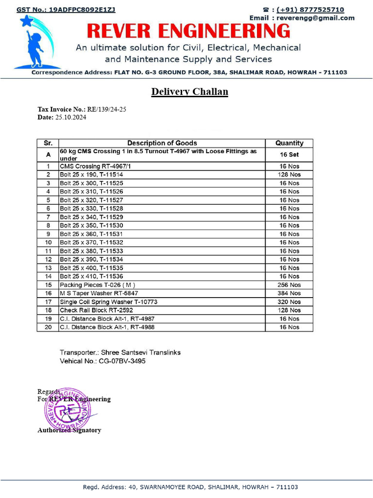 Delivery Challan for Tax Invoice RE/139 | PDF