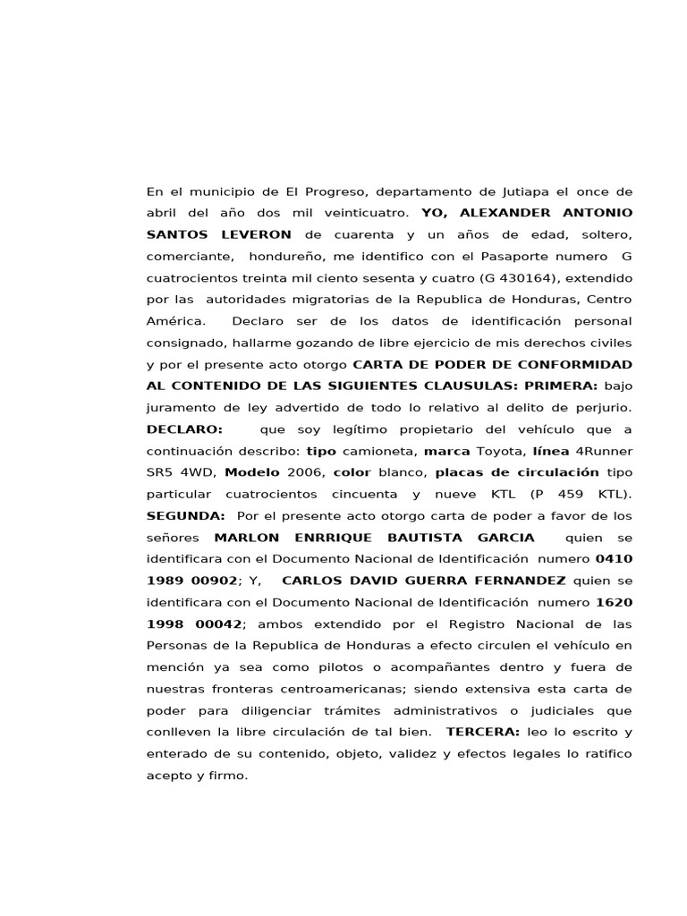 Carta Poder para Vehículo en Honduras | PDF