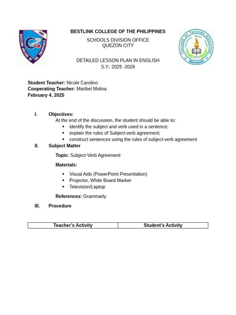 Subject-Verb Agreement Lesson Plan | PDF | Subject (Grammar ...