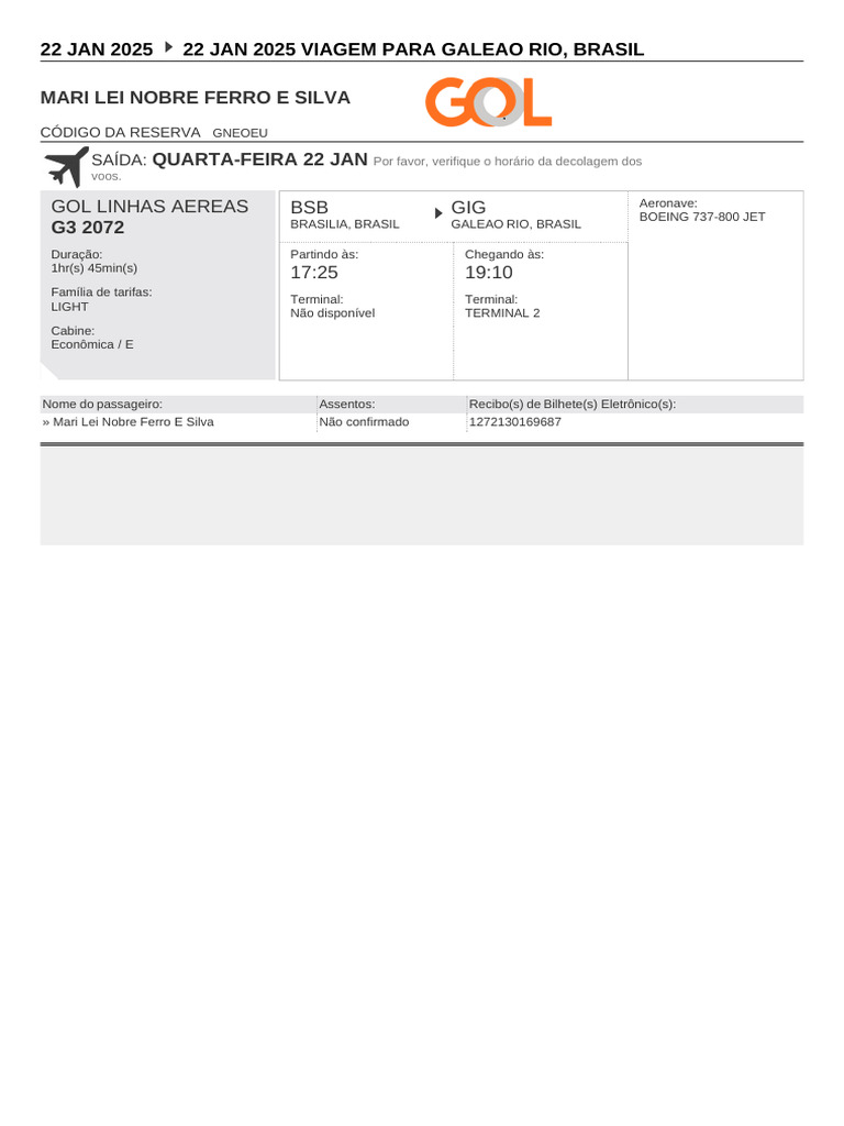 Reserva de Viagem 22 Janeiro para MARI LEI NOBRE FERRO E SILVA PDF | PDF