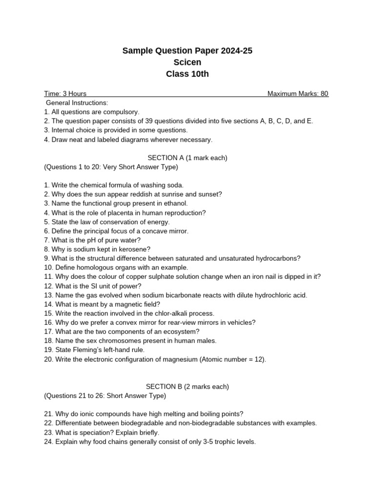 Science Class 10 Sample Question Paper 2024-25 | PDF | Resistor ...
