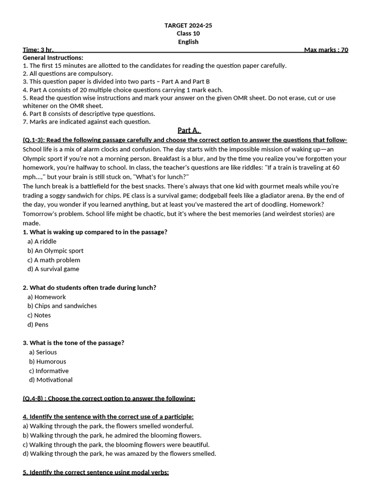 Class10th. Feb Target 2024-25 SVM | PDF | Verb