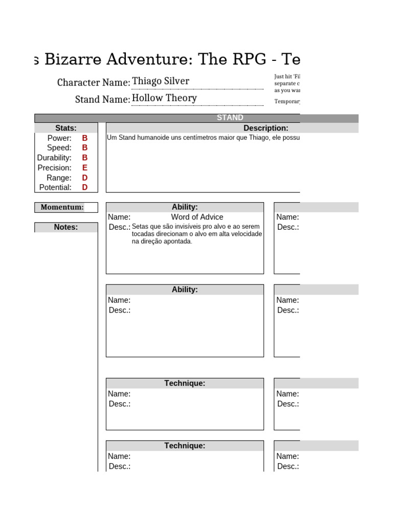 JoJo's Bizarre Adventure - The RPG - Temporary Character Sheet | PDF