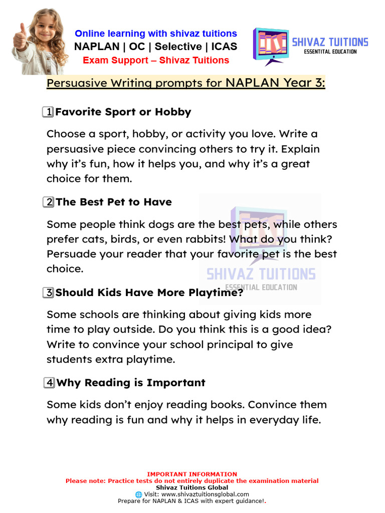 Persuasive Writing Prompts For NAPLAN Year 3 | PDF
