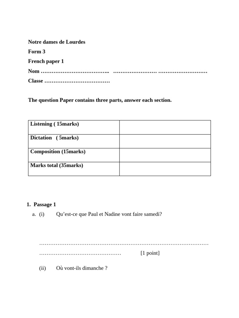 French Form 3 Exam Paper Overview | PDF