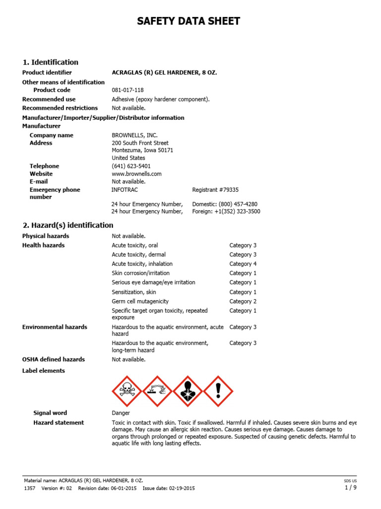 081-017-118 ACRAGLAS (R) GEL HARDENER, 8 OZ. - 081 1357 SDS US English | PDF | Dangerous Goods ...