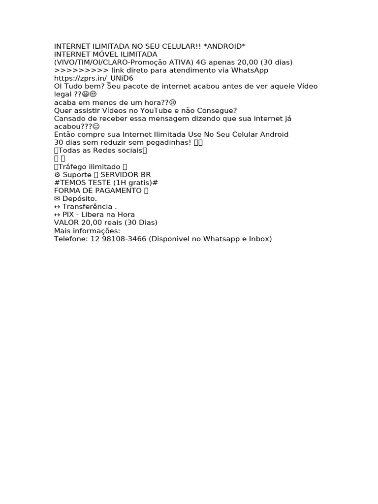 Texto Venda Da Internet Ilimitada No Seu Celular | PDF