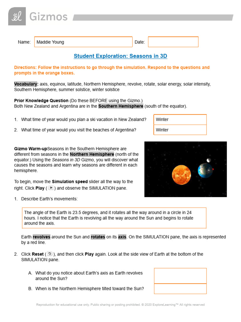 Copy of New Seasons Gizmo Activity | PDF | Equator | Hour