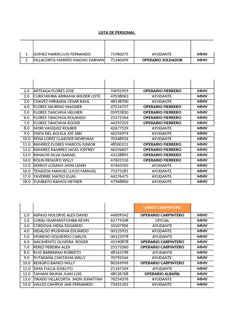 Lista de Personal por Cargo en MMV | PDF