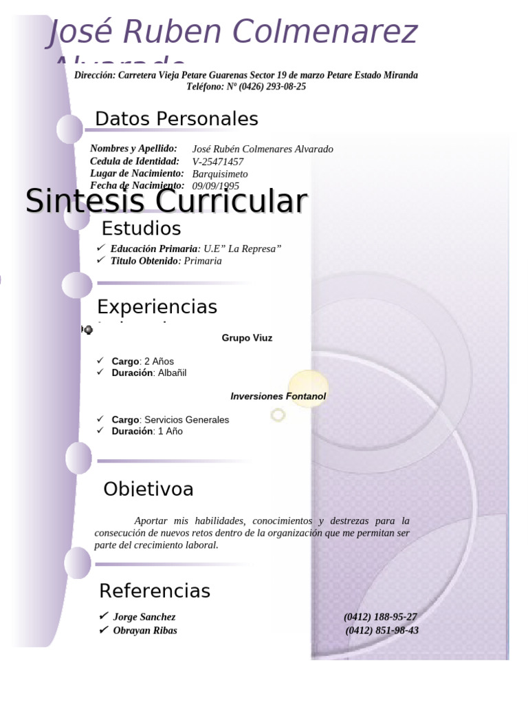Datos Personales de Rubén Colmenares | PDF