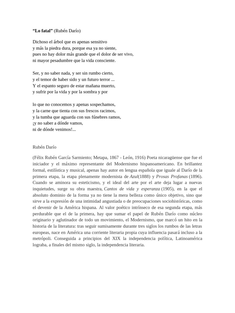 Lo Fatal - Rubén Dario | PDF