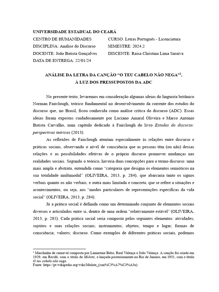 ANÁLISE DO DISCURSO - Raisa Christina (Exerc. 3) | PDF | Discurso | Amor