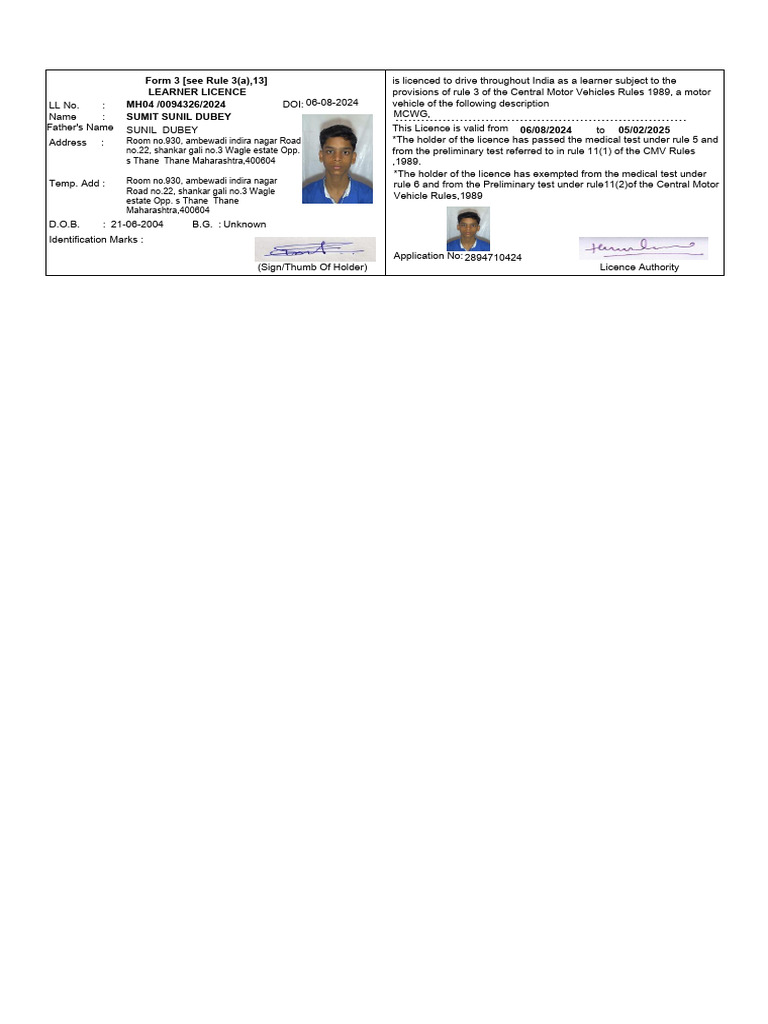 Learner Licence Details for Sunil Dubey | PDF