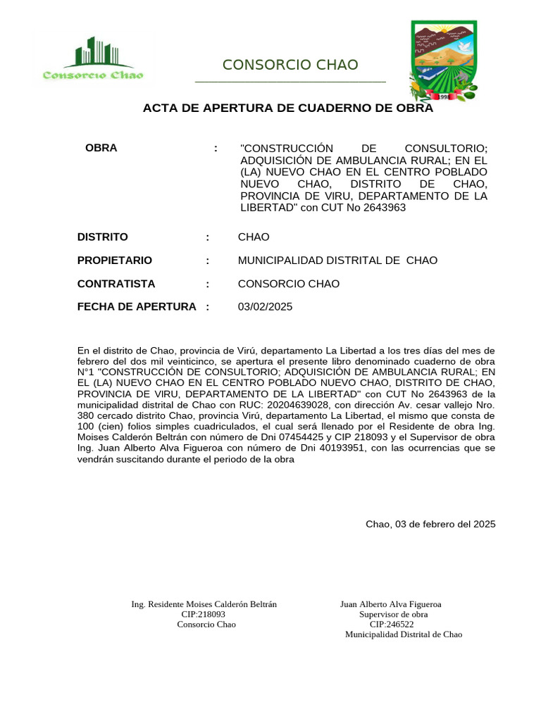 Apertura de Cuaderno de Obra en Chao | PDF