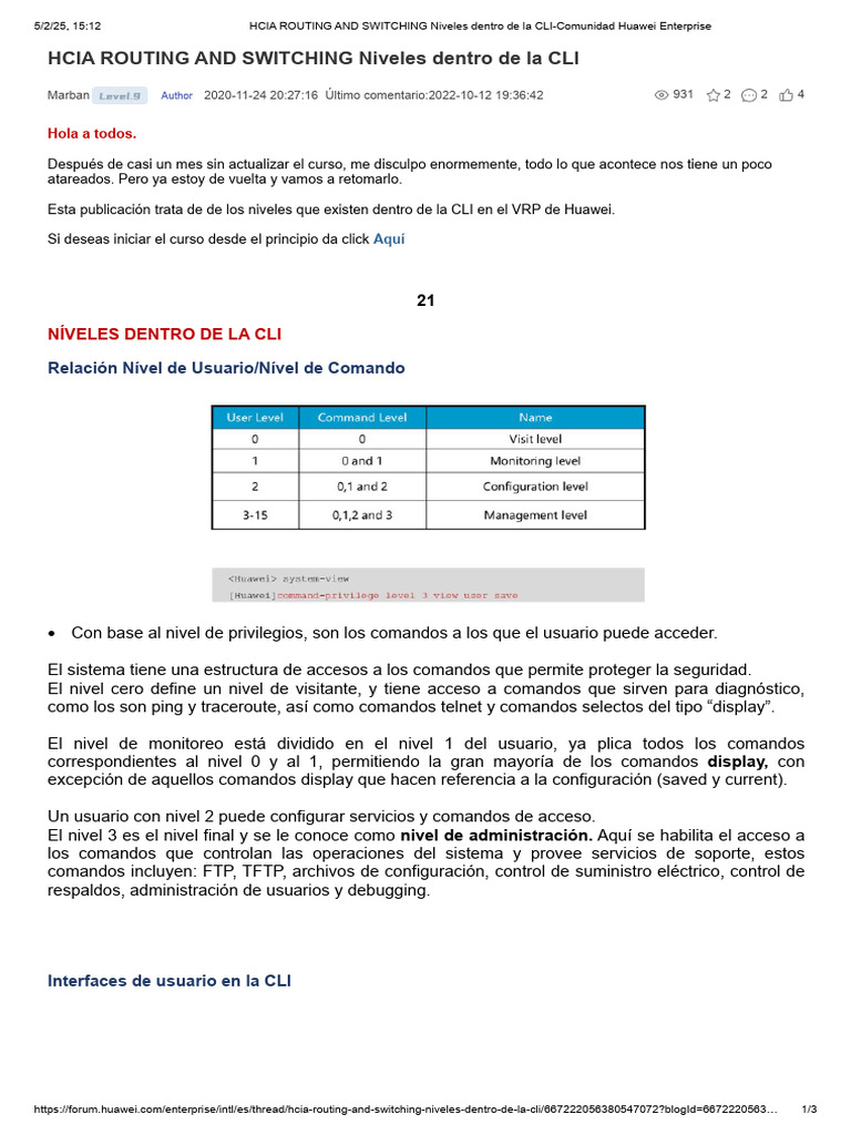 HCIA ROUTING AND SWITCHING Niveles Dentro de La CLI-Comunidad Huawei Enterprise | PDF | Interfaz ...