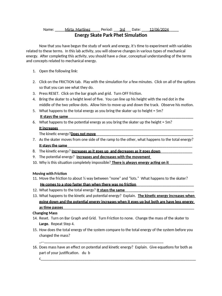 PhET Energy Skate Park Simulation Lab | PDF | Kinetic Energy | Mass