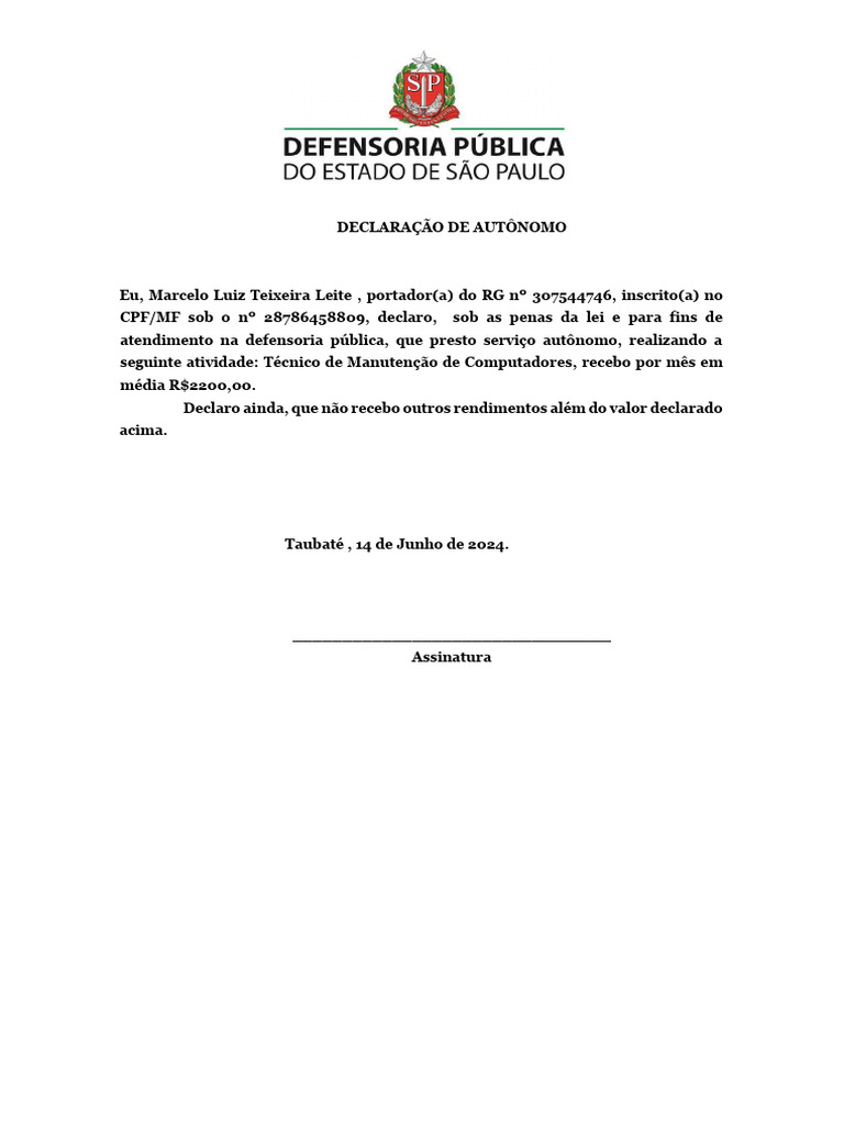 DECLARAÇÃO DE AUTONOMO Modelo em Branco para Preenchimento | PDF