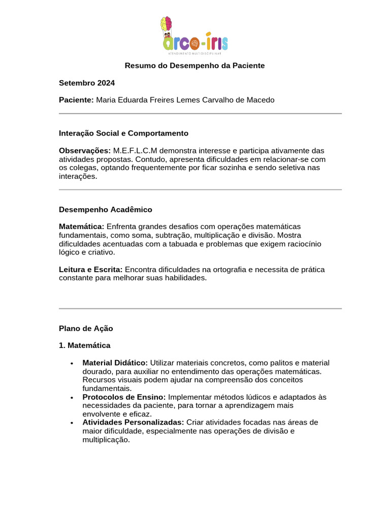 Resumo Do Desempenho Da Paciente Maria | PDF | Matemática | Aprendizado