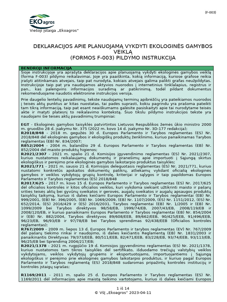 Deklaracijos Apie Planuojamą Vykdyti Ekologinės Gamybos Veiklą Forma F ...