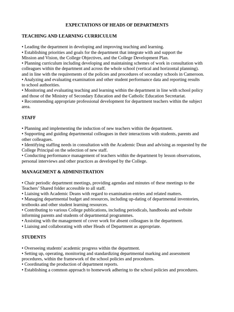 Heads of Departments: Roles & Responsibilities | PDF | Teachers ...