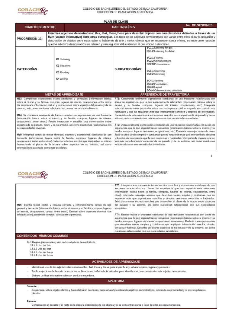 Plan Clase Progresión 13 | PDF | Gramática | Adjetivo