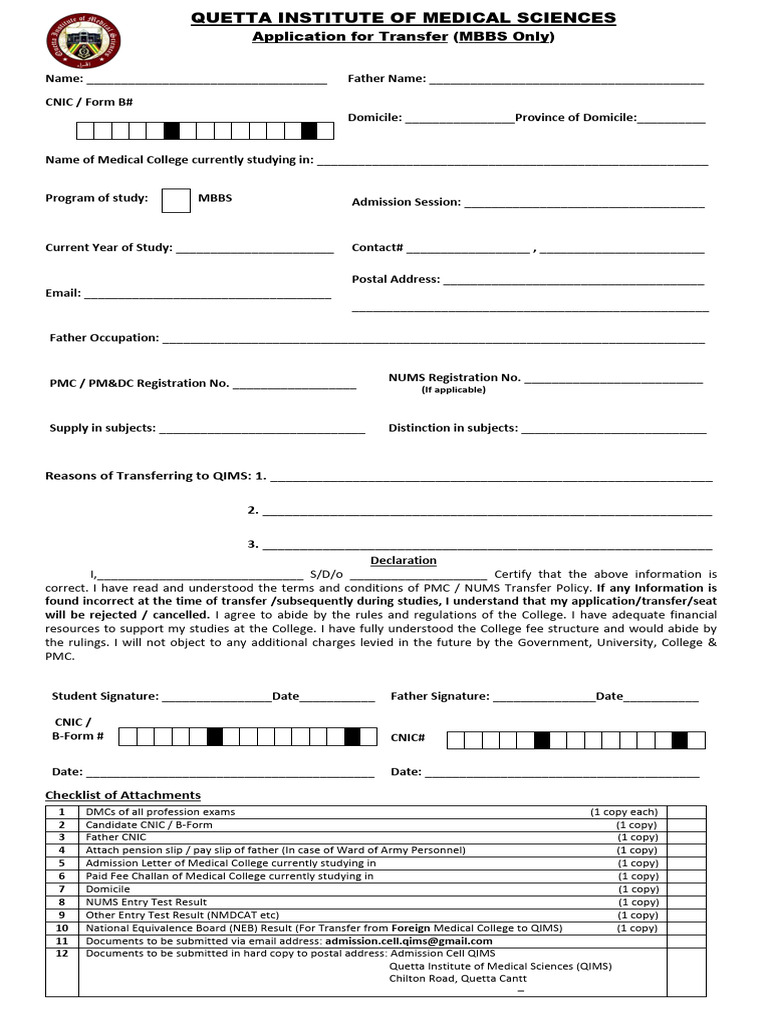QIMS MBBS Transfer Application Form | PDF | Medical School