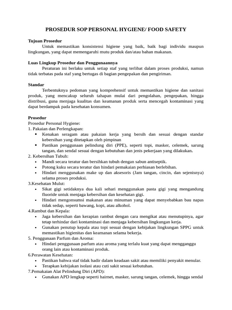 SOP Higiene Pribadi & Keamanan Makanan | PDF