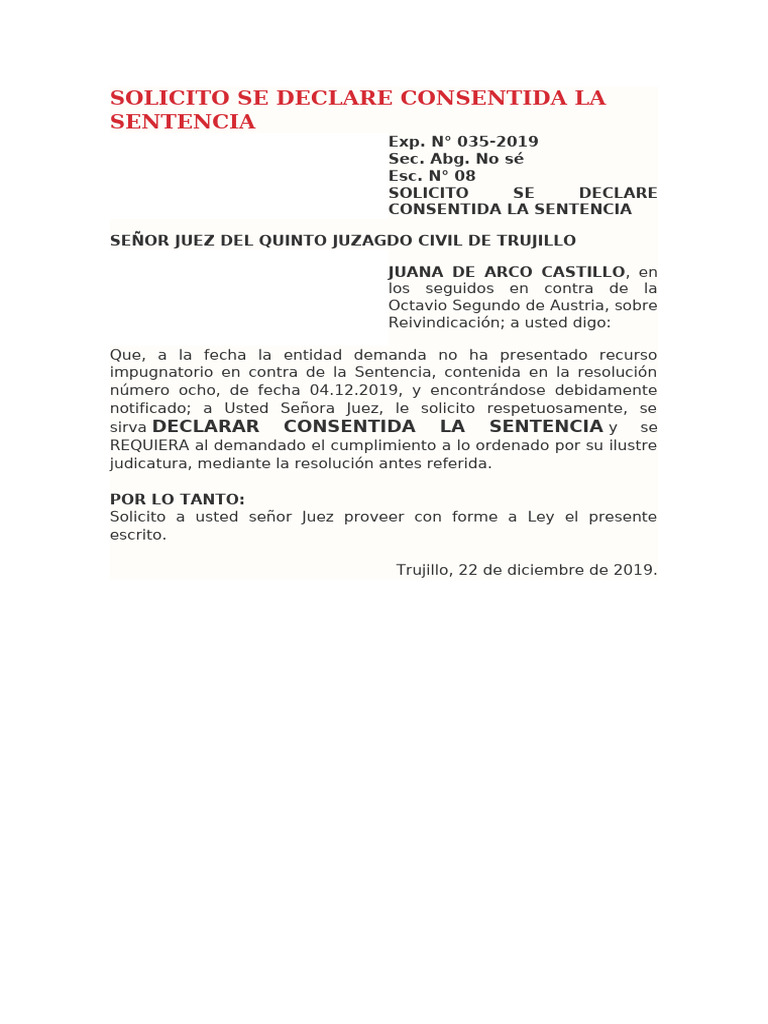 Modelo Solicito Se Declare Consentida La Sentencia | PDF