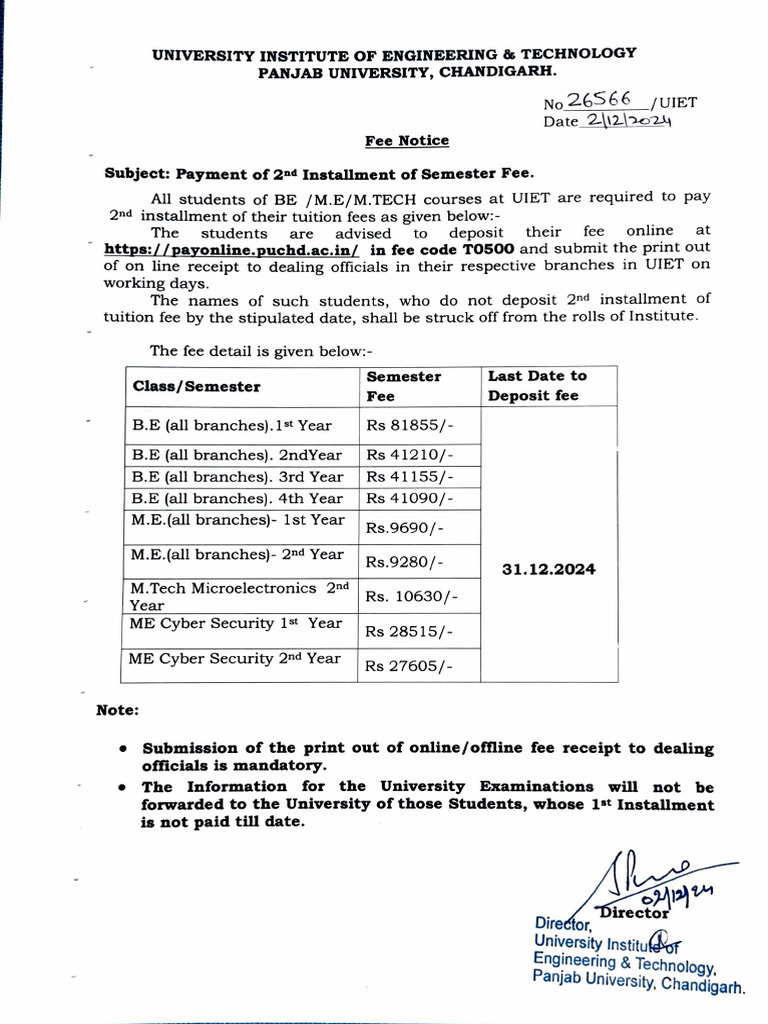 Fee Payment Notice for UIET Students | PDF