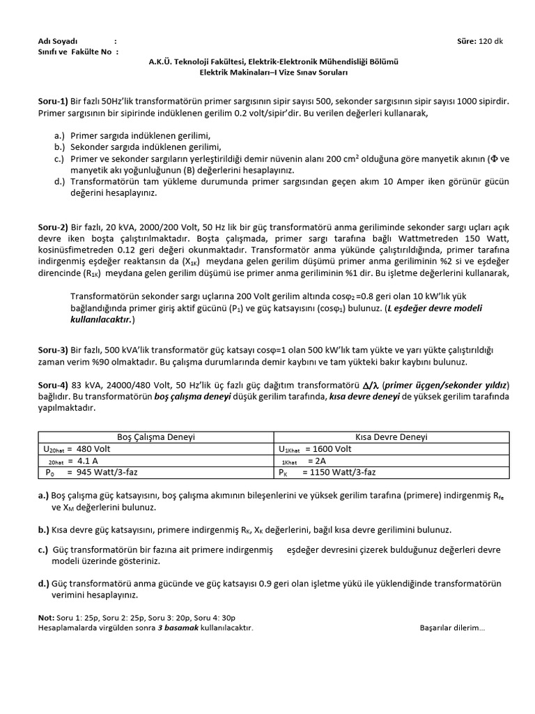 Elektrik Makinalari I Vize Sorulari | PDF