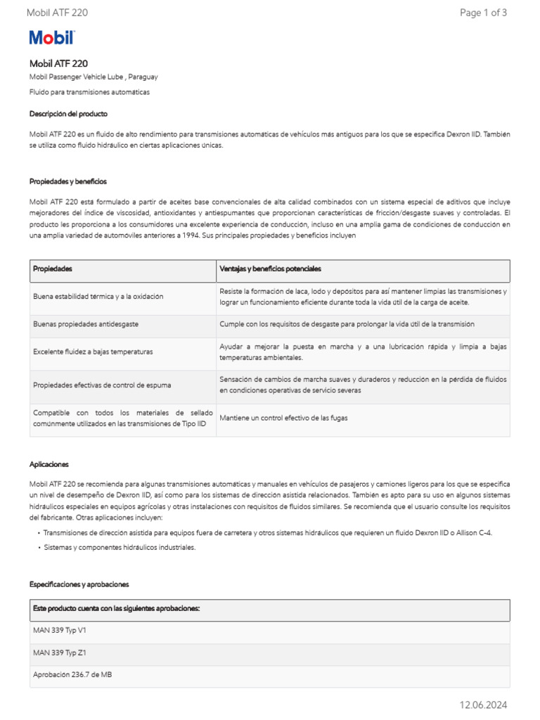FICHA TECNICA Mobil ATF 220 | PDF | Transmisión automática | Exxon Mobil