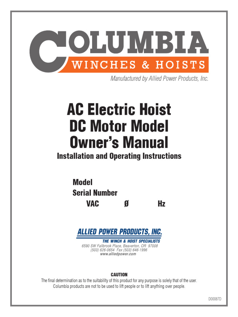 Columbia AC/DC Electric Hoist Manual | PDF | Rope | Wire